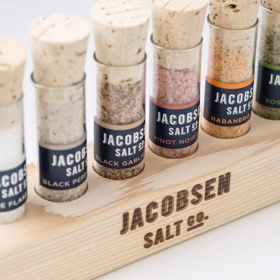 Jacobsen Six Vial Infused Salt Set with Branded Wood Stand