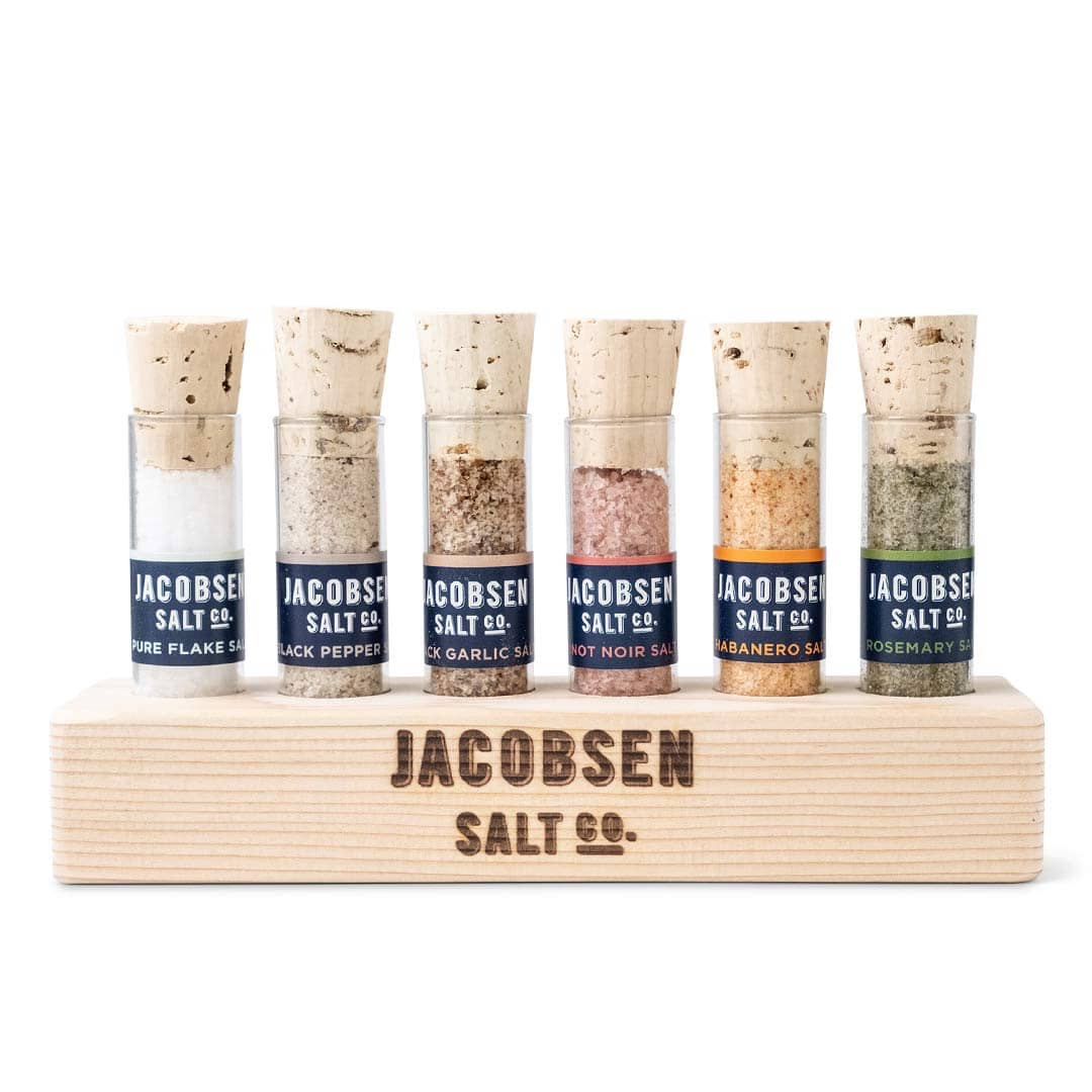 Jacobsen Six Vial Infused Salt Set with Branded Wood Stand
