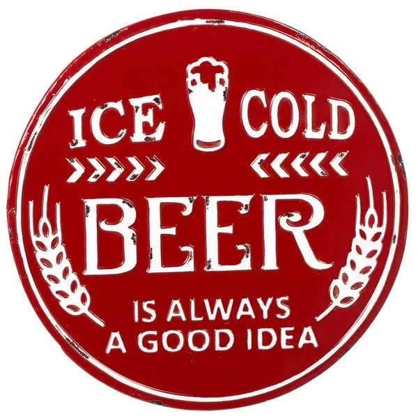 Red and White Enameled Round "Ice Cold Beer" Wall Sign – All Things ...