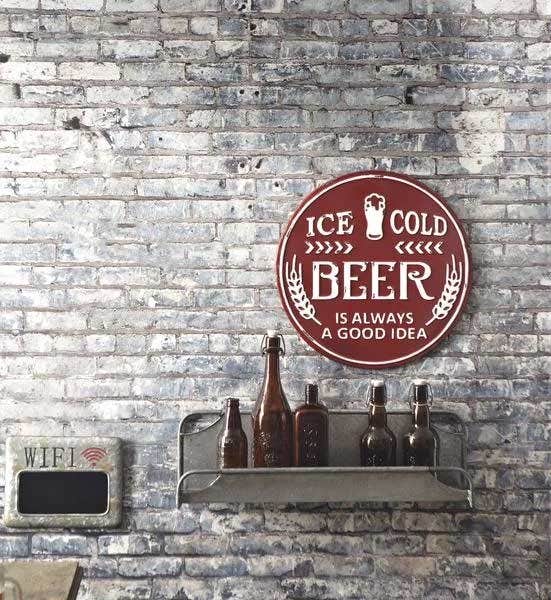 Red and White Enameled Round "Ice Cold Beer" Wall Sign