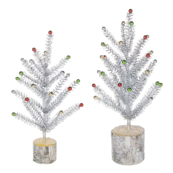 Silver Tinsel Trees with Wood Base